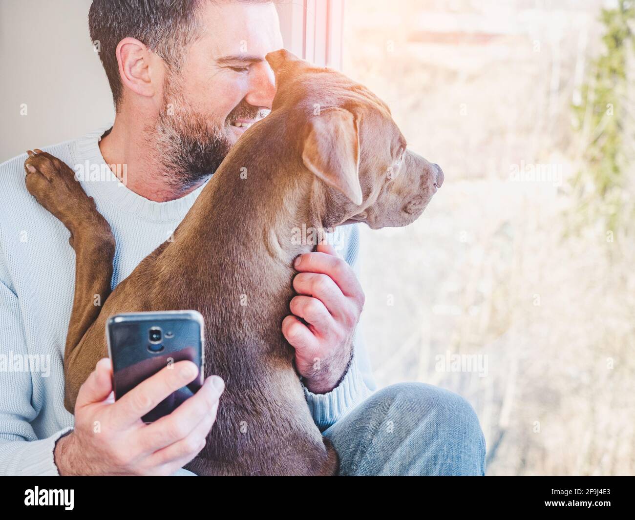 Handsome man and a charming puppy. Close-up, indoors. Studio photo ...