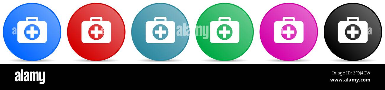 First aid vector icons, set of circle gradient buttons in 6 colors ...