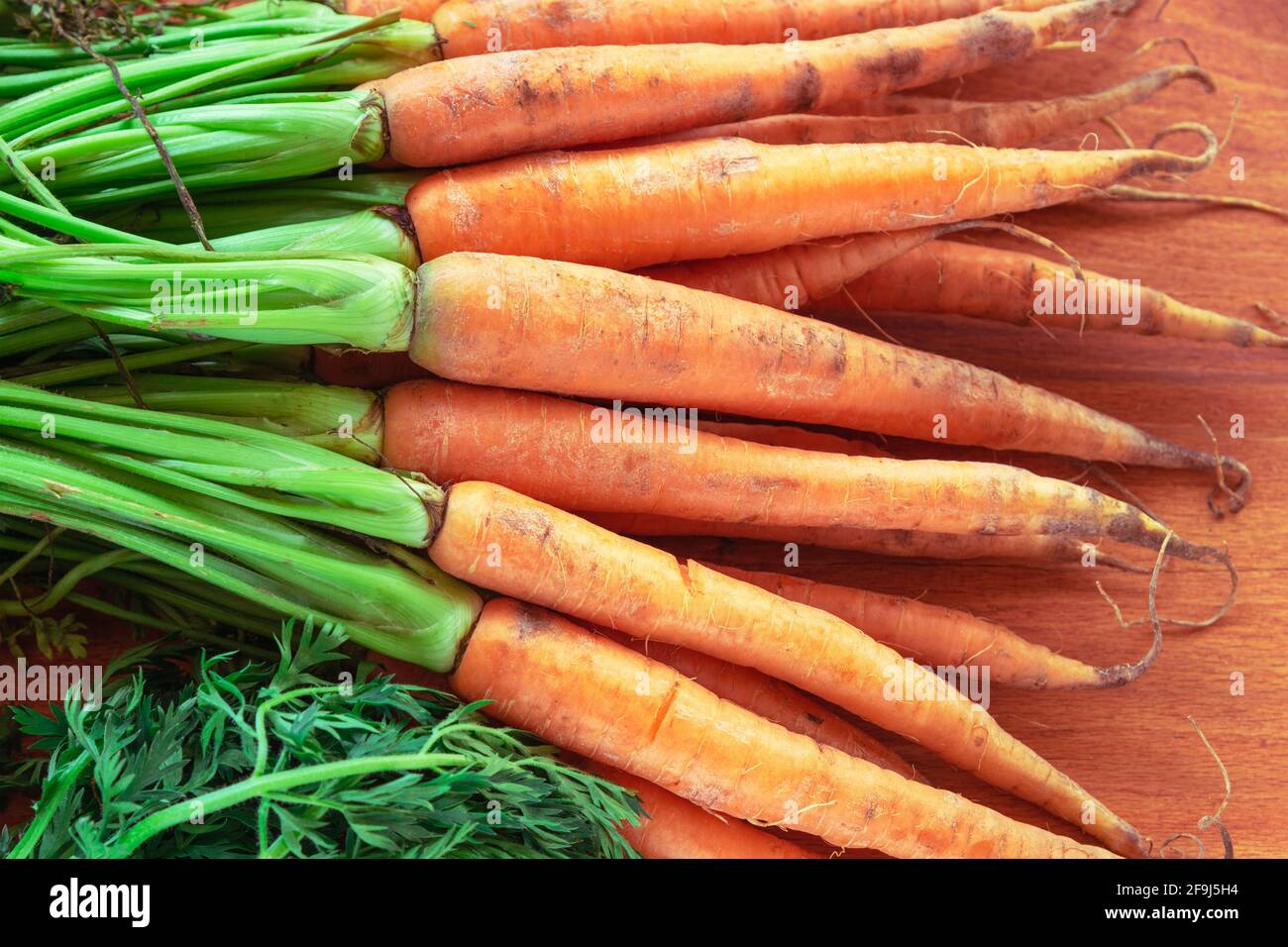Fresh organic carrot with greenery on orange wooden table, top view ...