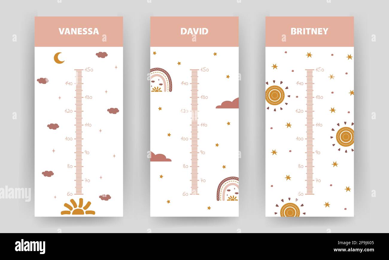 Set of kids height chart. Meter wall with cute boho rainbow and moon ...