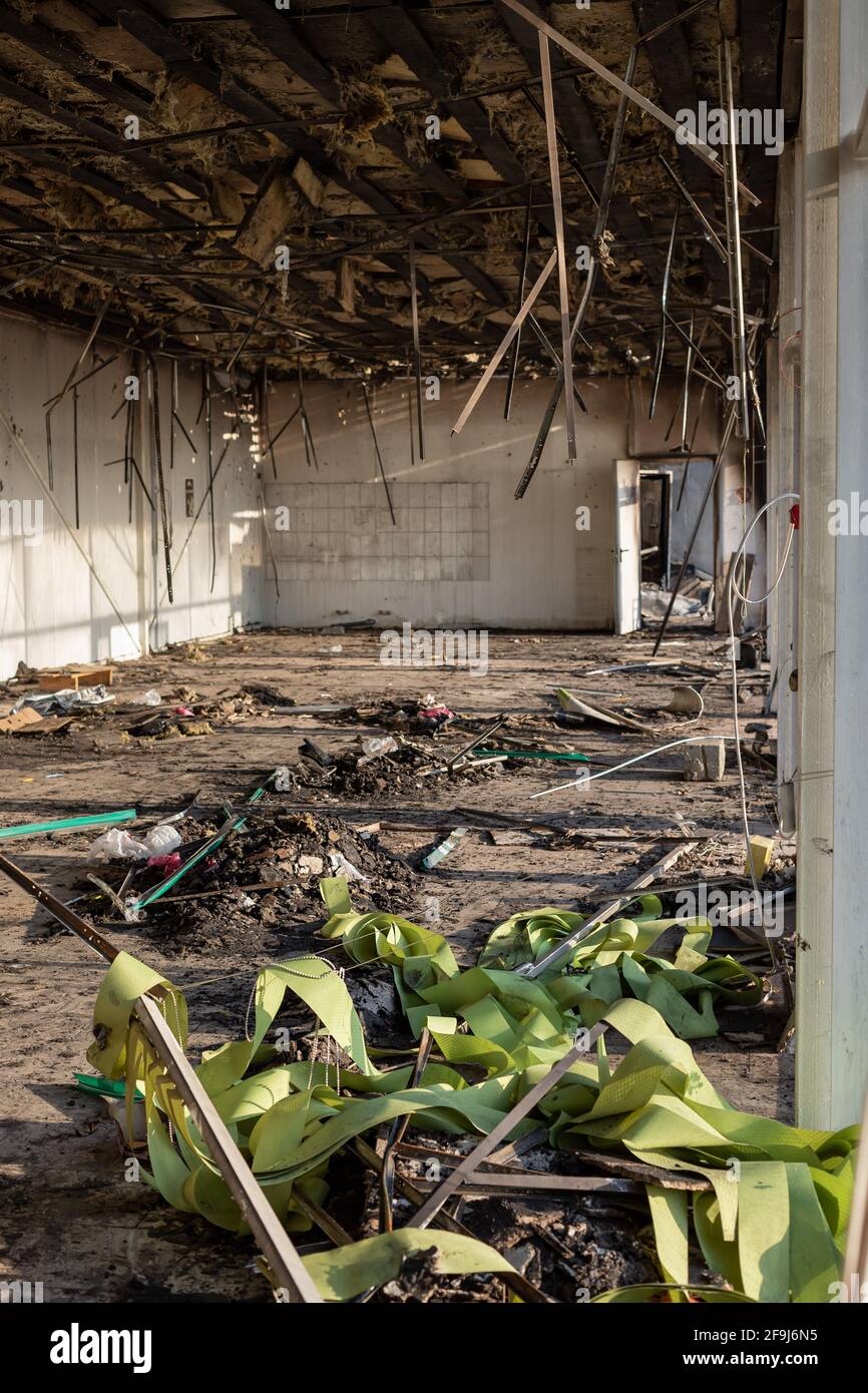 inside view of the room after fire, charred ceiling. fire damage ...