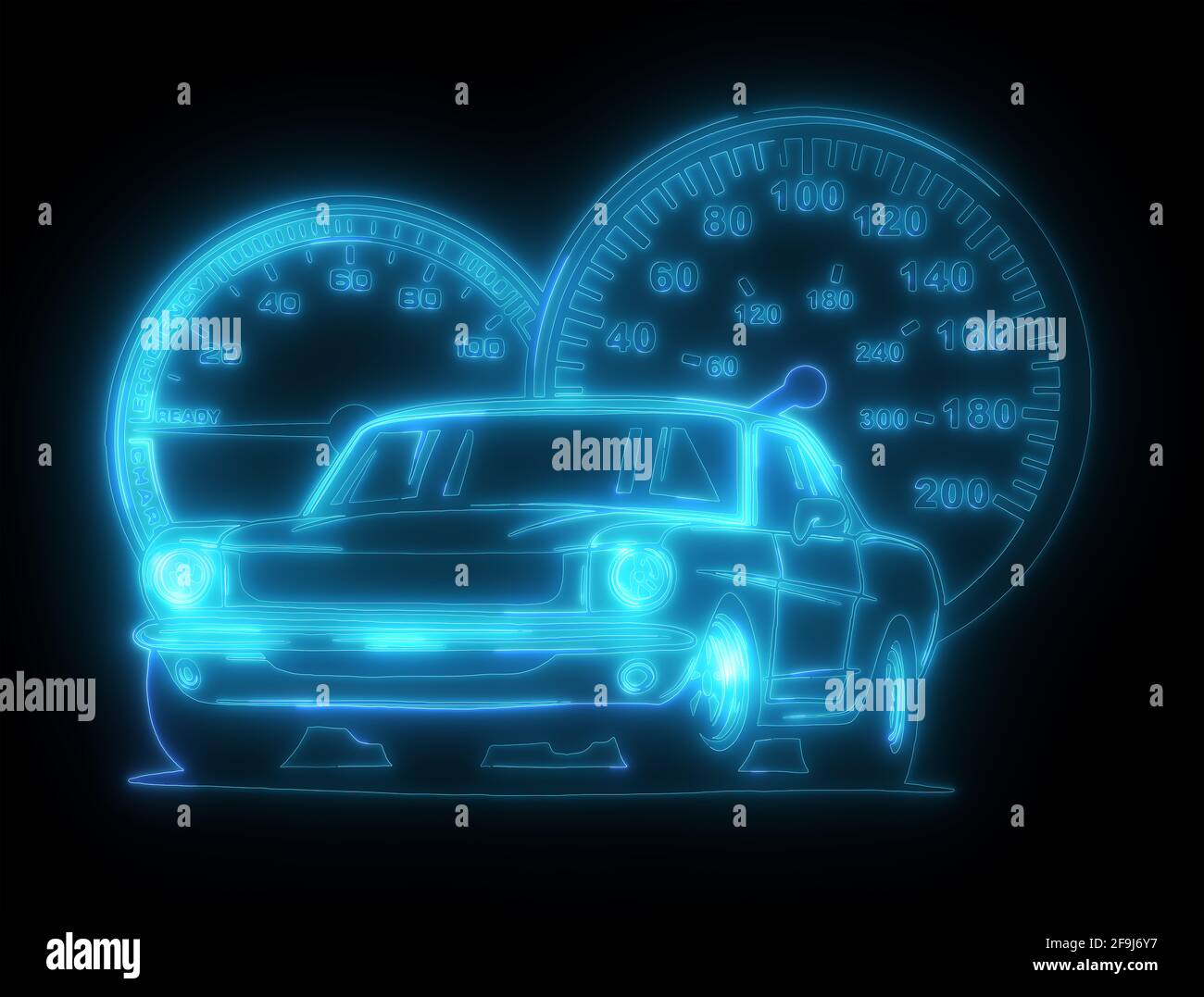 Neon silhouette of classic American muscle car. Glowing sign Stock ...