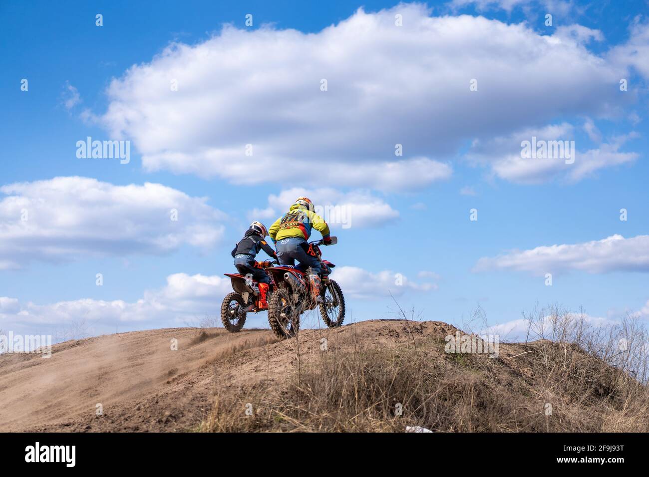 Kharkov. Ukraine March 2021 Moto cross training Enduro bike ride off ...