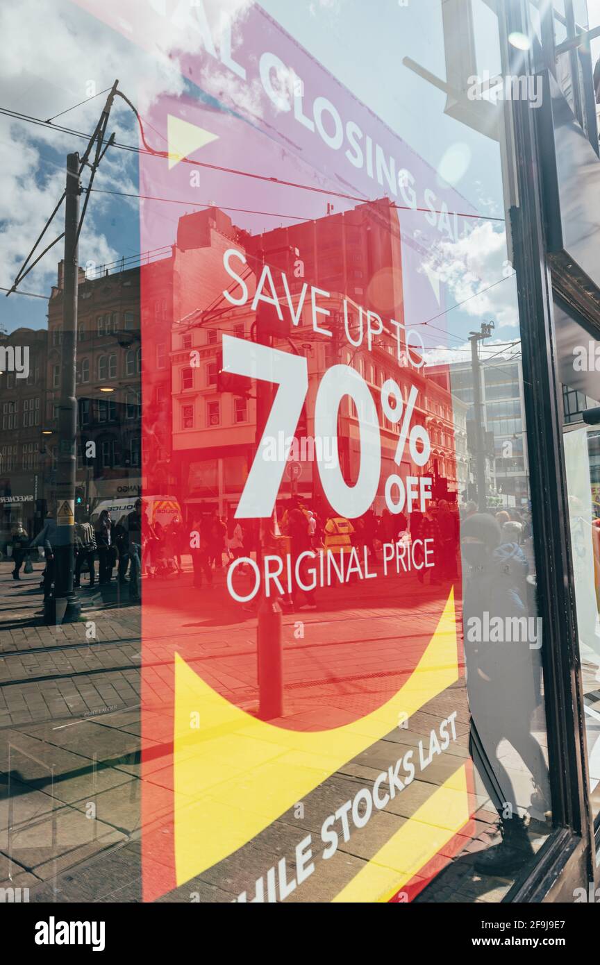 MANCHESTER, ENGLAND, UK - 12 April, 2021 Open shops after lockdown ...