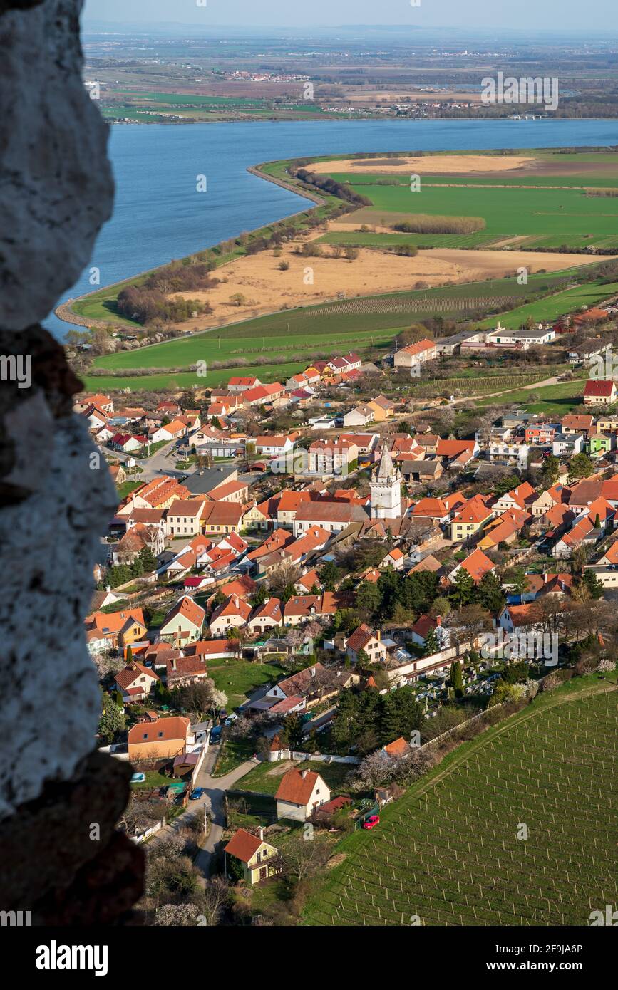 Pavlov village with Nove Mlyny water reservoir from Divci hrad castle ...