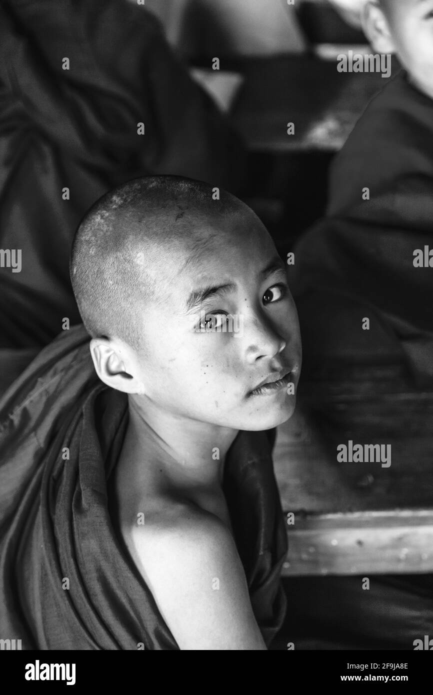 Novice monk sitting in classroom Black and White Stock Photos & Images ...