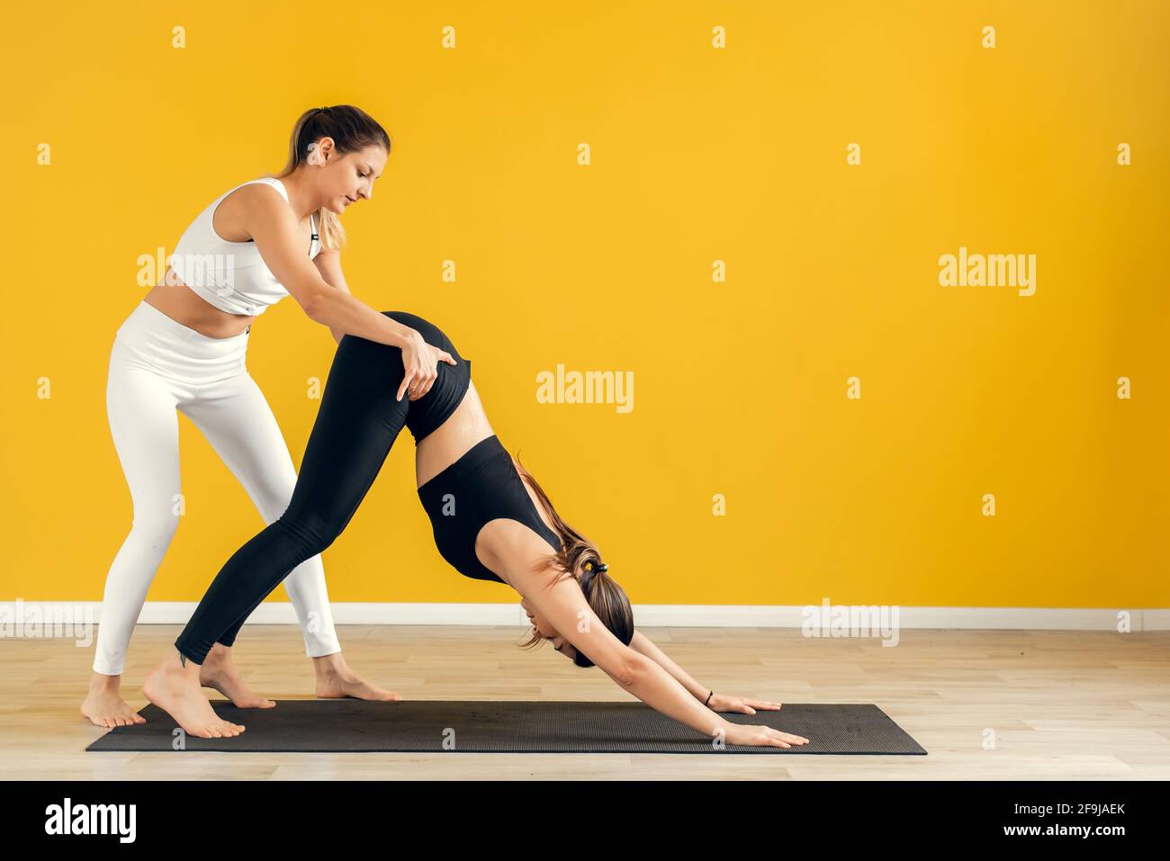 A young gymnast performs a dog pose in the gym under the supervision of ...