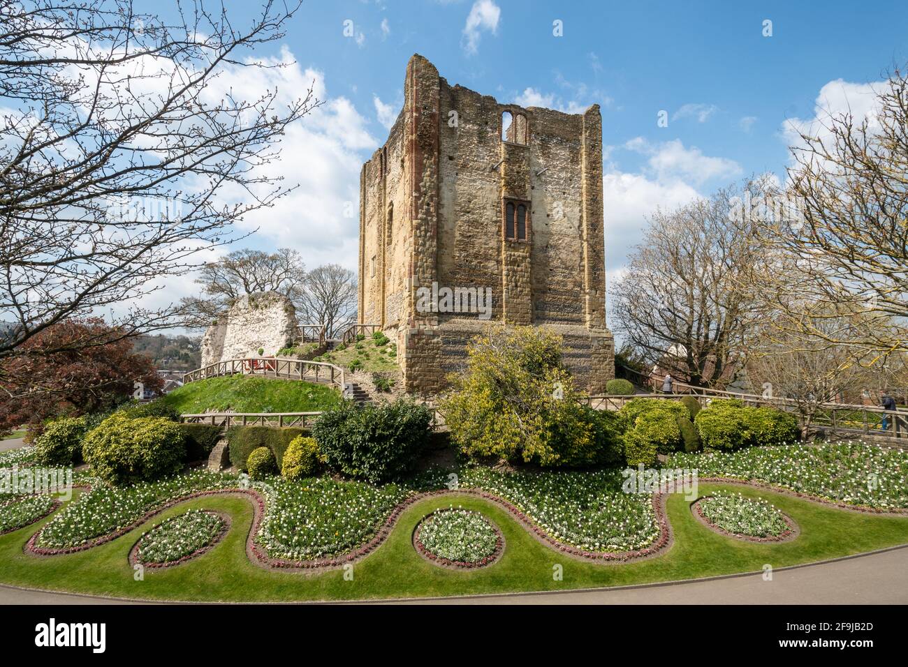 Guildford Castle and gardens during April with tulips and other spring ...