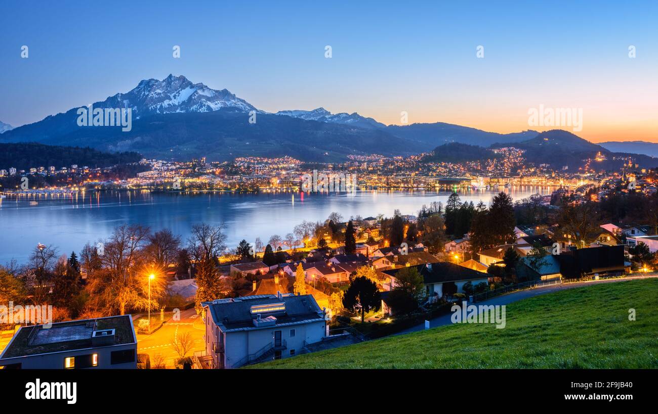 Panoramic view of Lucerne city and Mount Pilatus on Lake Lucerne ...