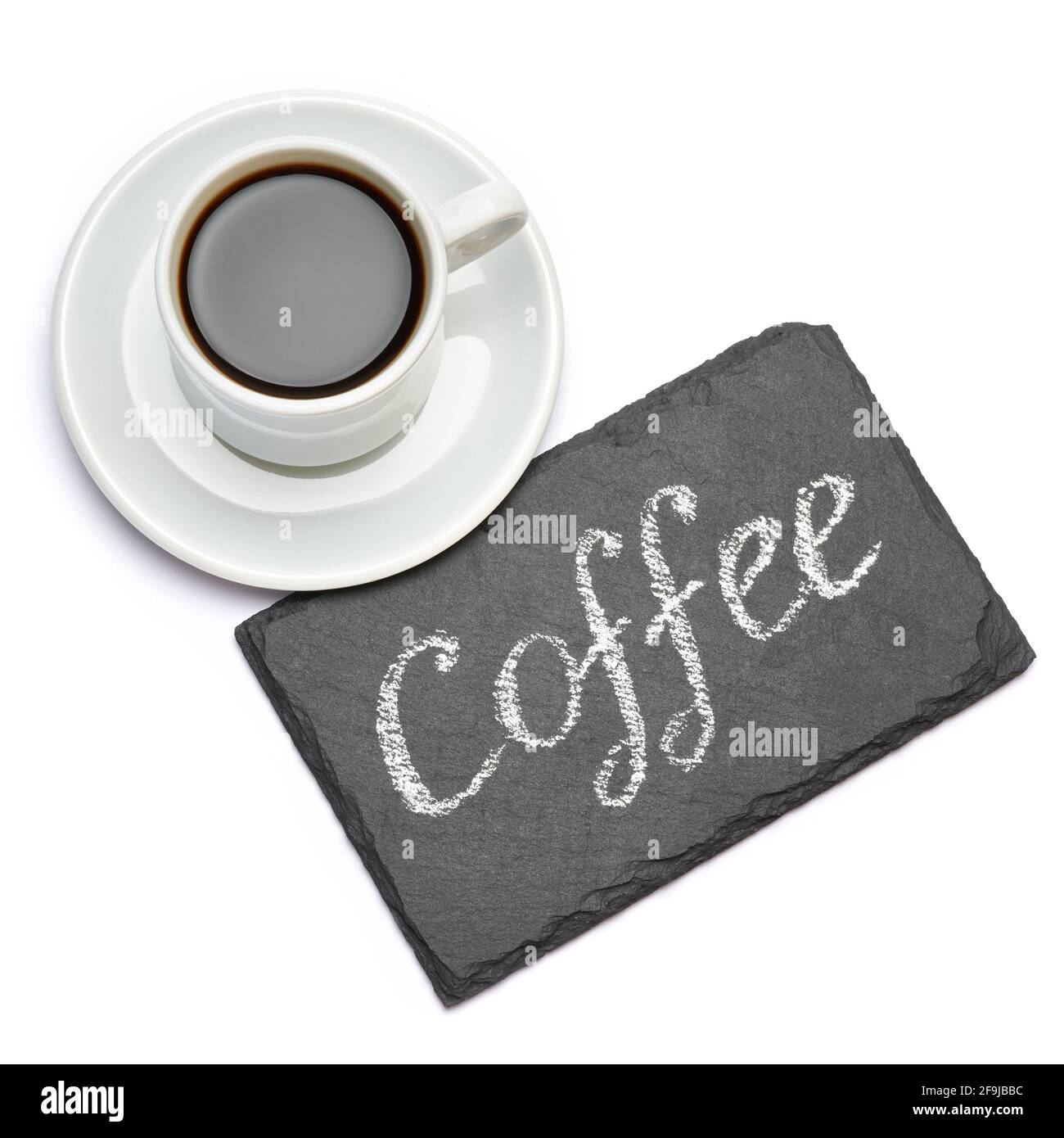 Coffee handwritten inscription sign on chalk board and cup of espresso ...