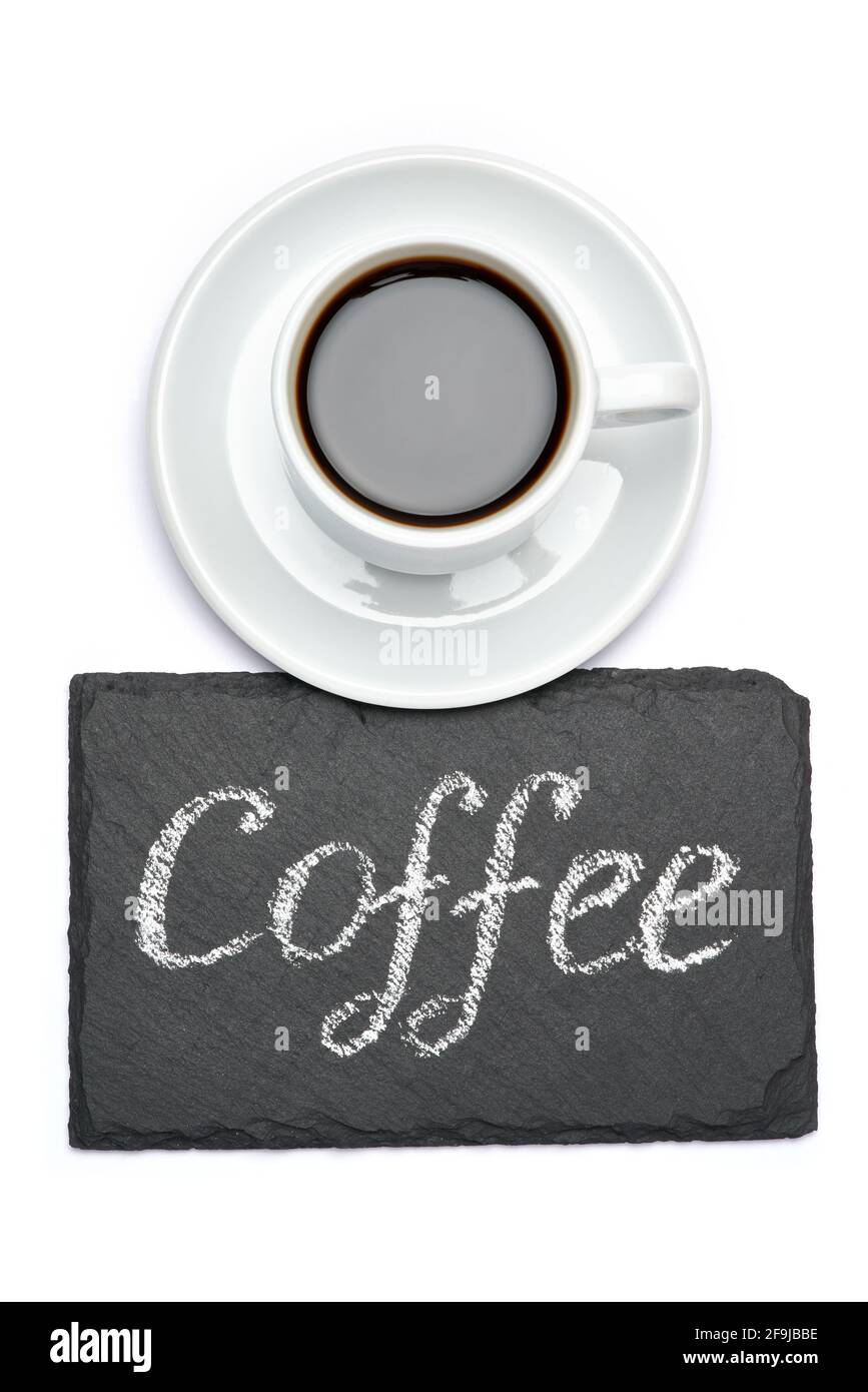 Coffee handwritten inscription sign on chalk board and cup of espresso ...