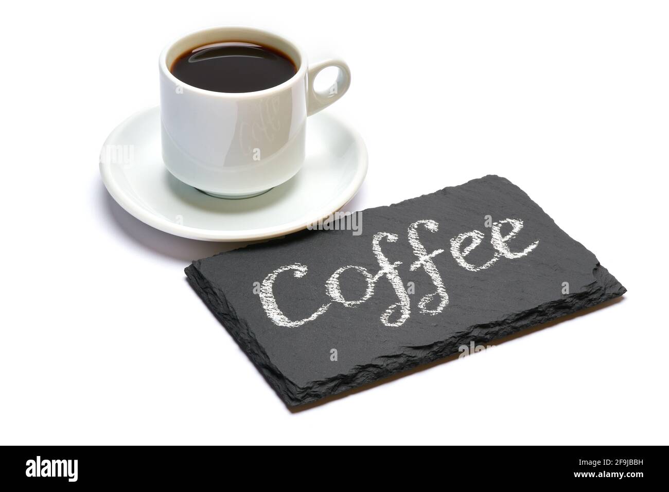 Coffee handwritten inscription sign on chalk board and cup of espresso ...