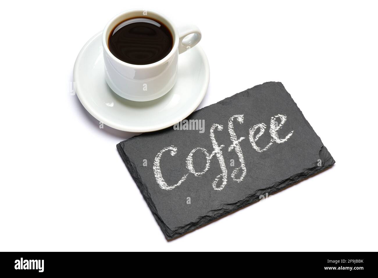 Coffee handwritten inscription sign on chalk board and cup of espresso ...