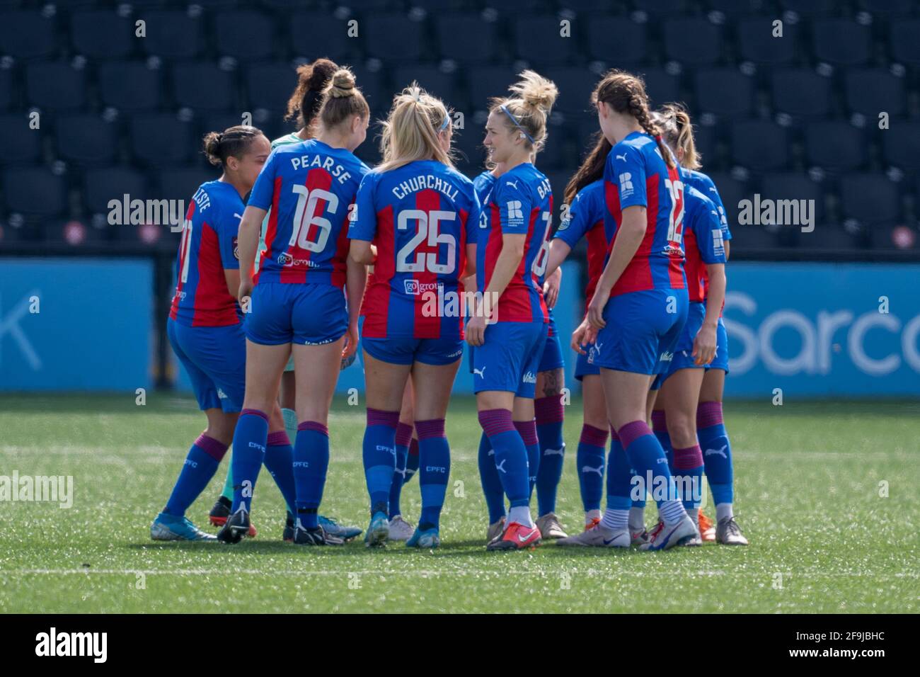 Bromley, UK. 18th Apr, 2021. Crystal Palace huddle before kick off in ...
