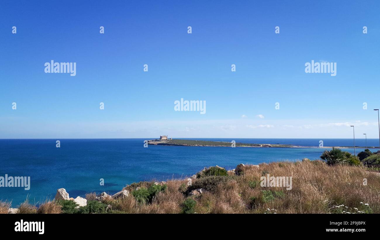 Beautiful Capo Passero island view in Sicily, with the ruins of a ...