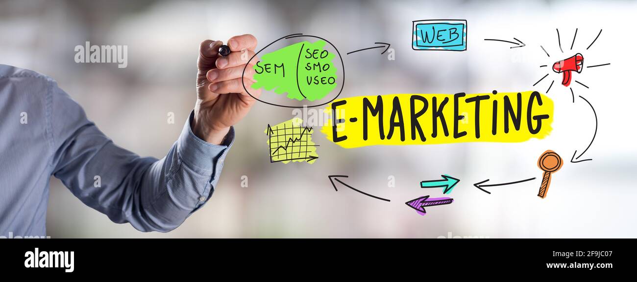 Man drawing an e-marketing concept Stock Photo - Alamy