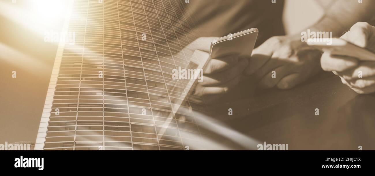 View of people hands using mobile phones; multiple exposure Stock Photo ...