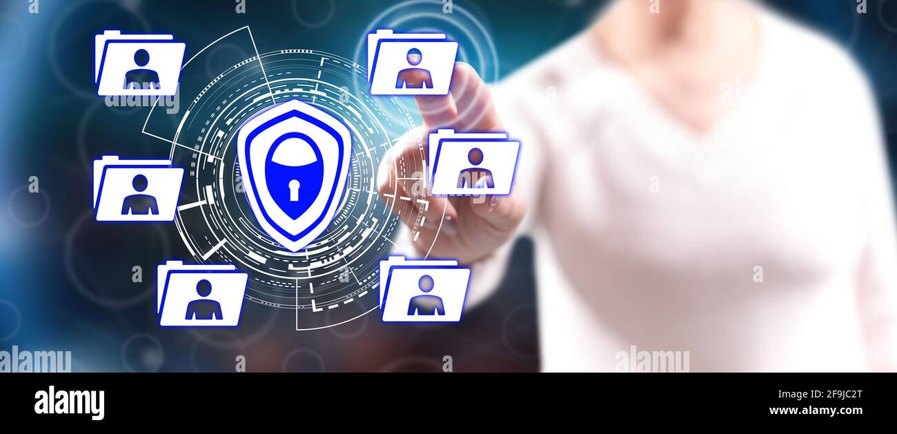 Woman touching a personal data security concept on a touch screen with ...