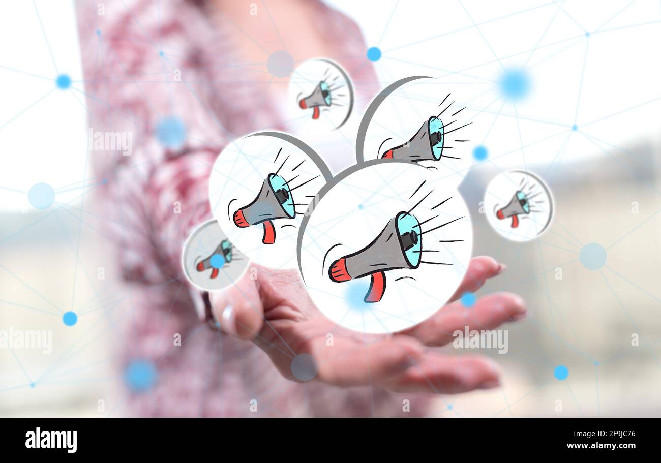 Communication concept above the hand of a woman in background Stock ...