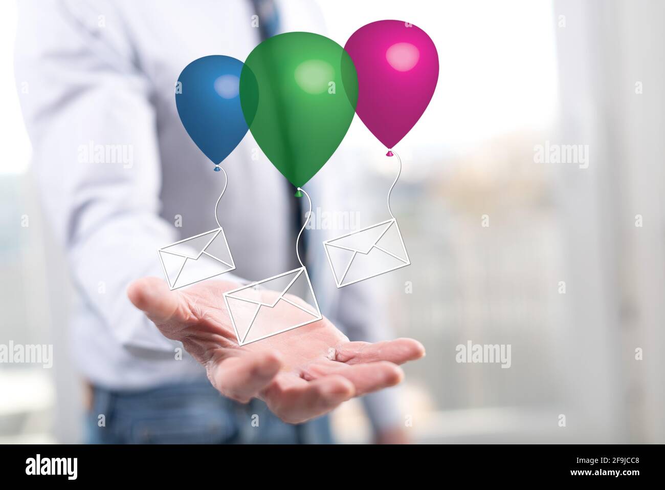 Message concept above the hand of a man in background Stock Photo - Alamy