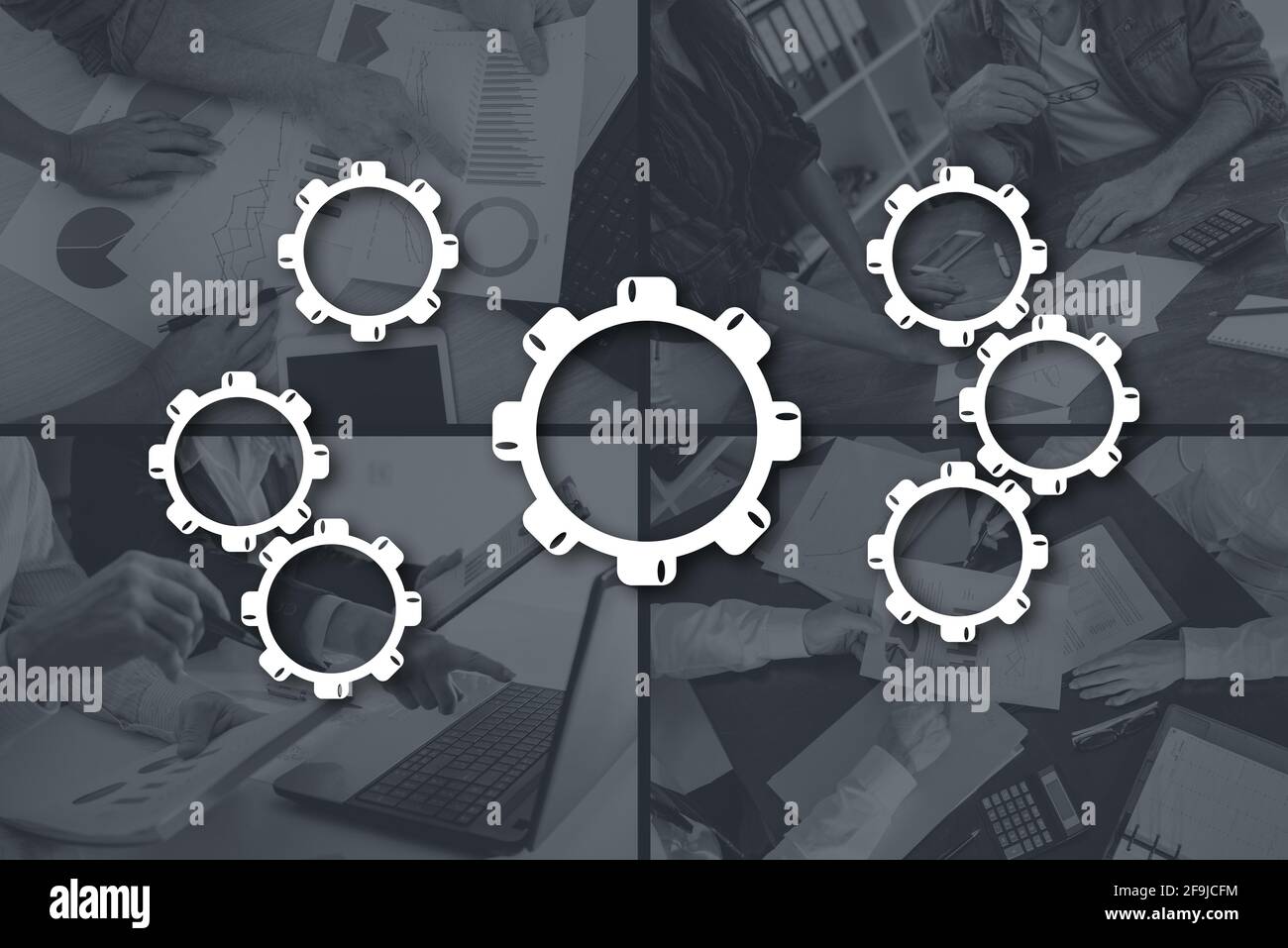 Manufacturing process concept illustrated by pictures on background ...