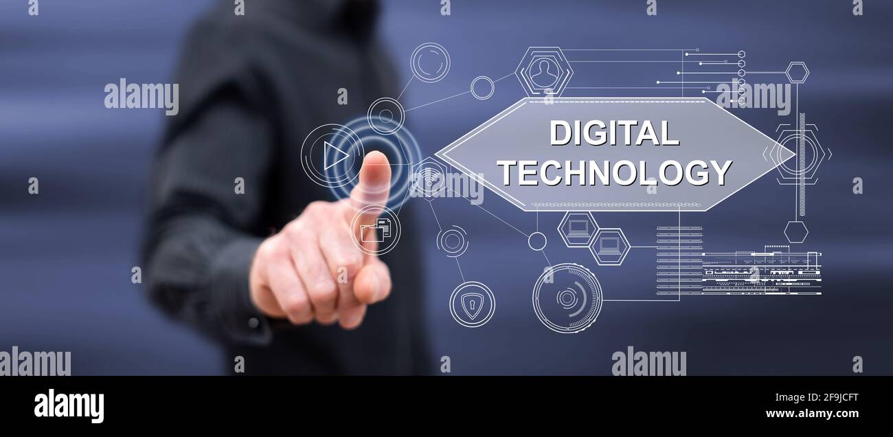 Man touching a digital technology concept on a touch screen with his ...