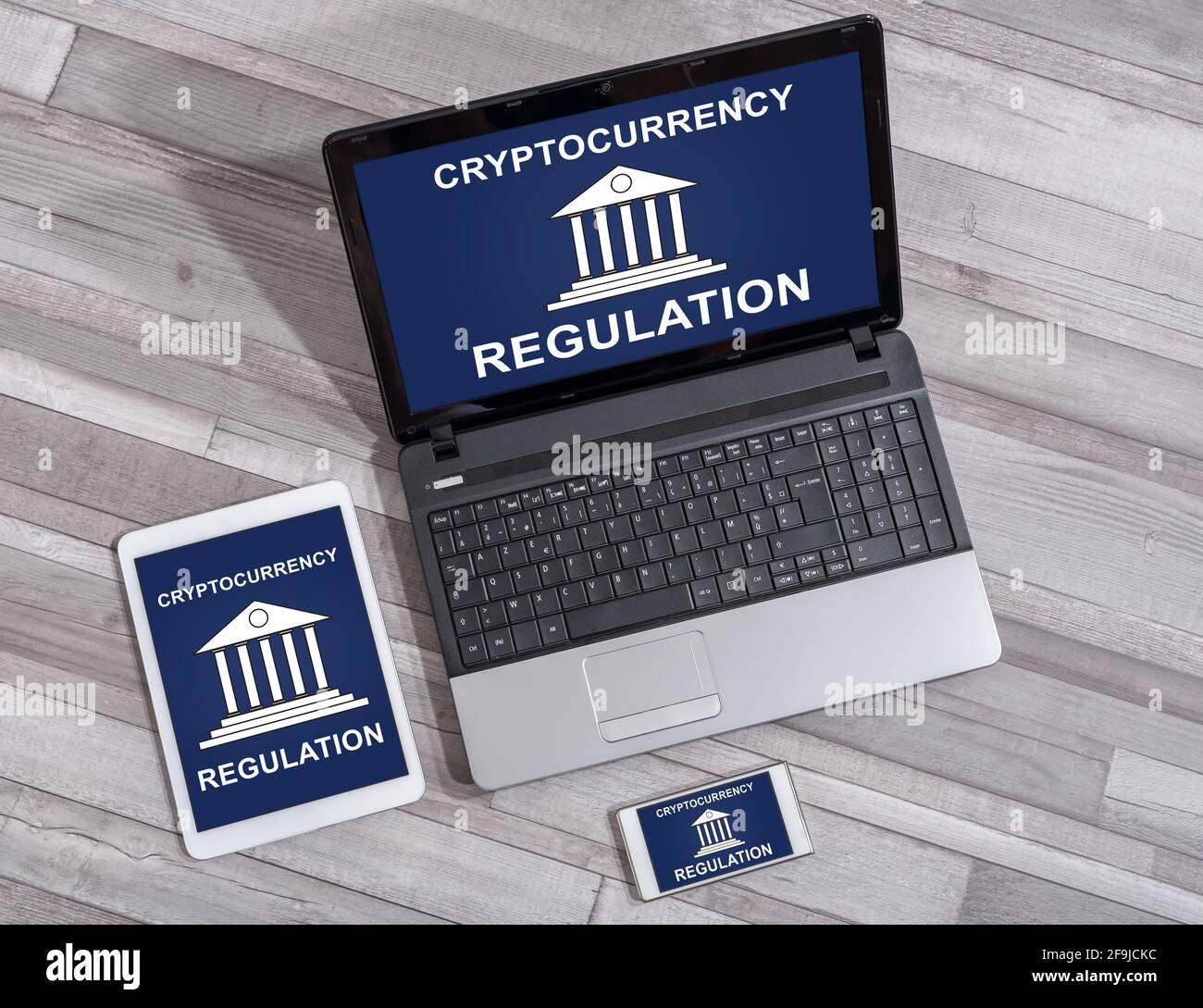 Cryptocurrency regulation concept shown on different information ...