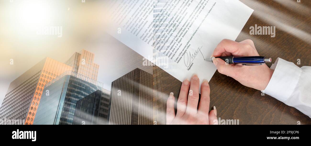 Businesswoman signing a document, top view; multiple exposure Stock ...
