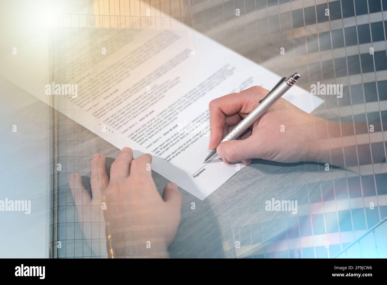 Woman hands signing a contract; multiple exposure Stock Photo - Alamy