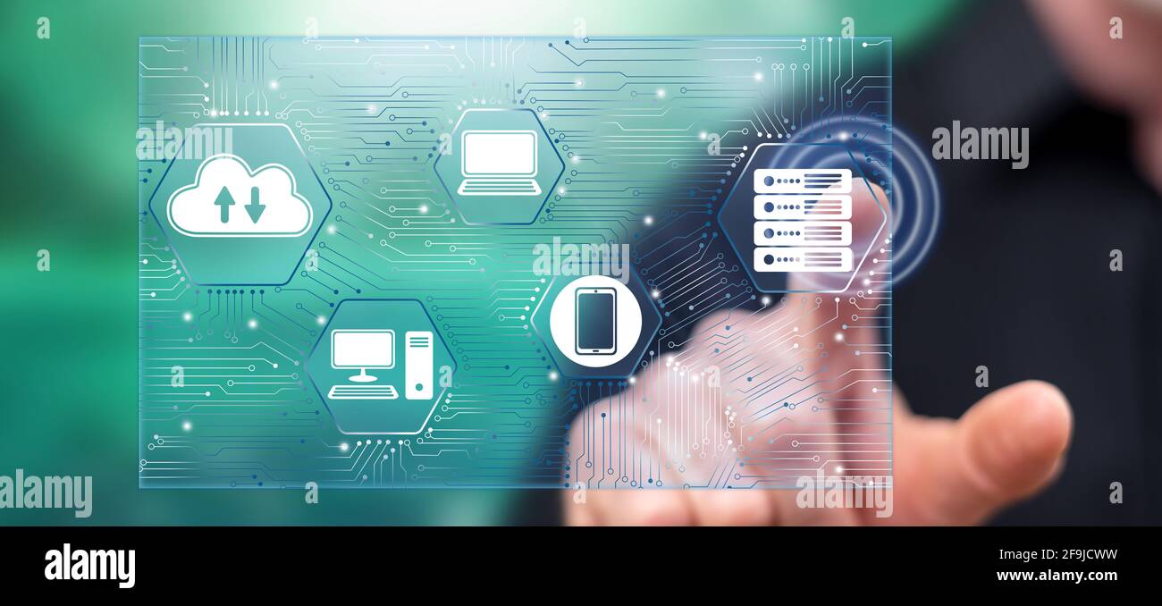 Man touching a computer network concept on a touch screen with his ...