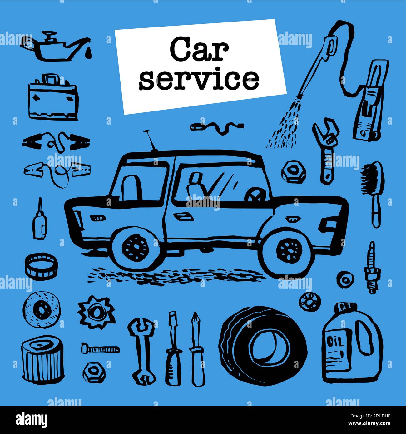 Car service concept. Set with car parts and tools, car service, tire ...