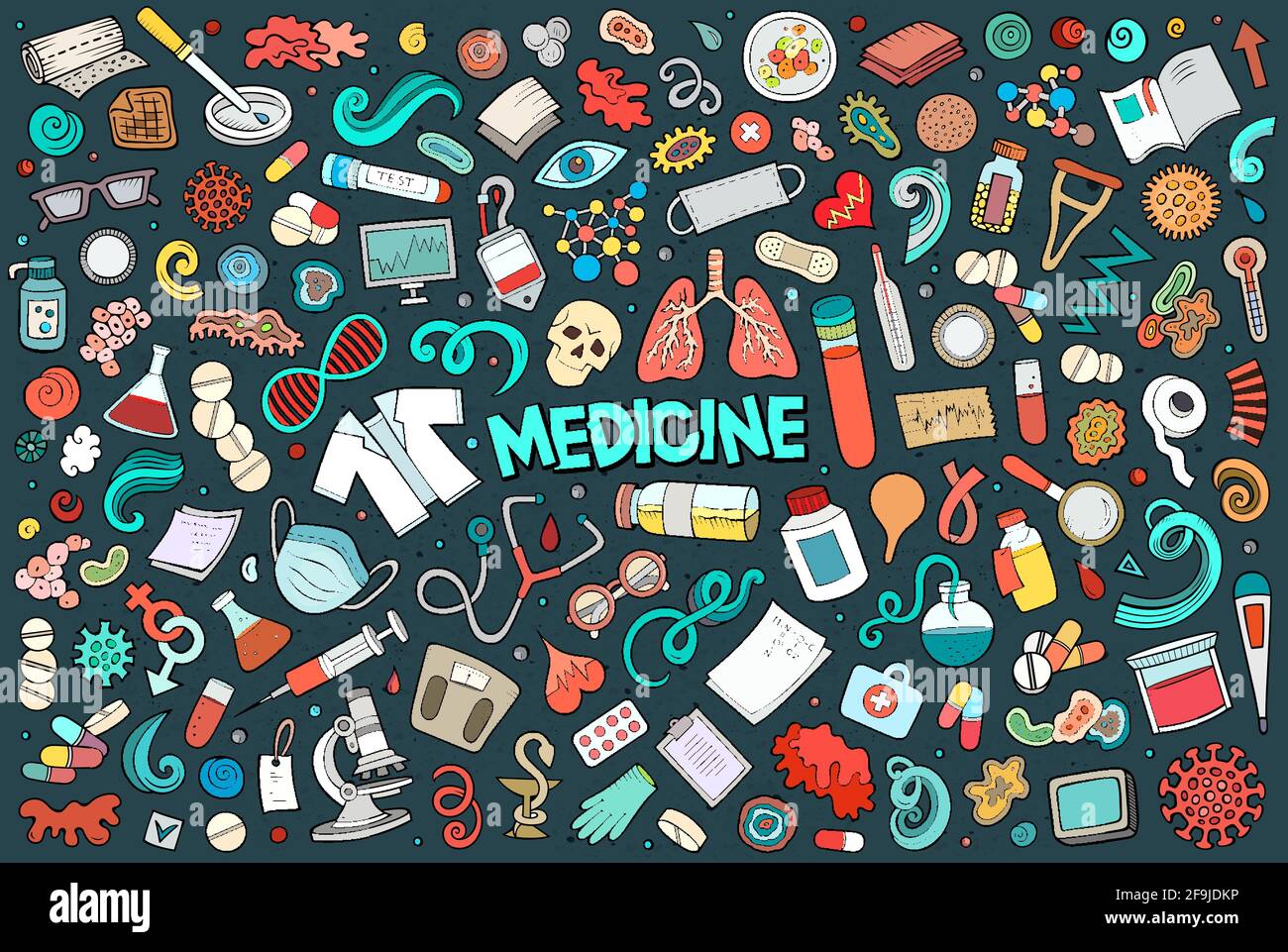 Colorful vector hand drawn doodle cartoon set of medicine theme items ...