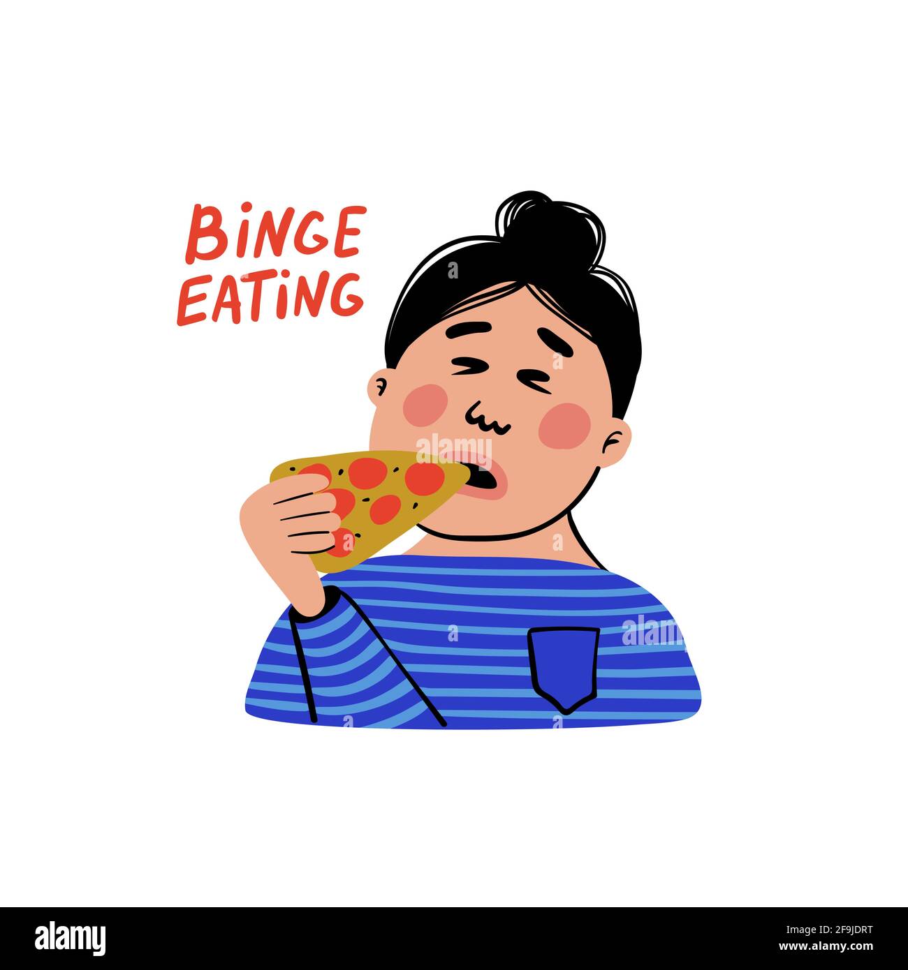 Psychology. Binge eating. Woman character with a slice of pizza. An ...