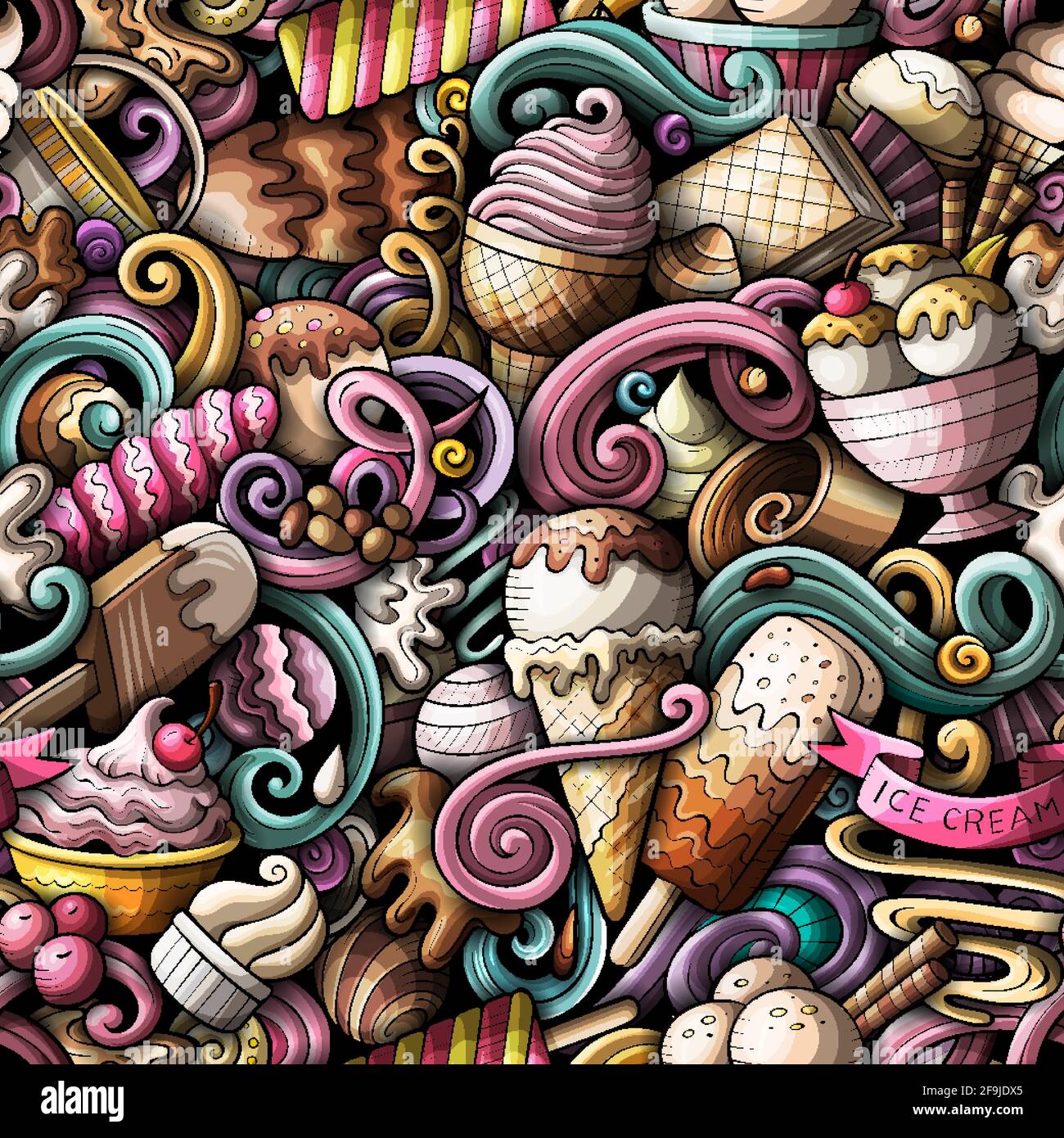 Cartoon doodles Ice-cream seamless pattern. Backdrop with ice cream ...