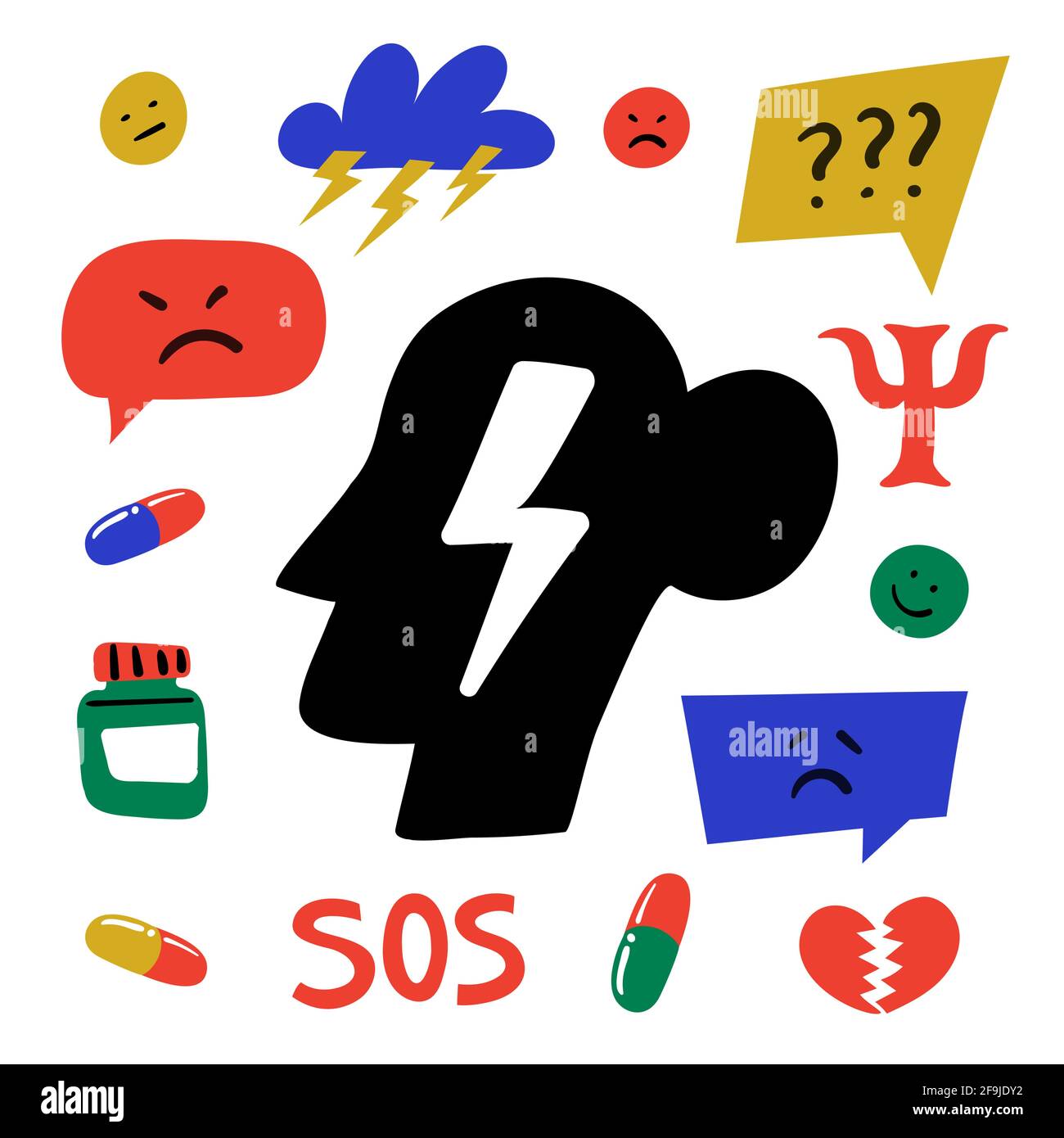 Psychology. Psychological help. Set of hand-drawn icons on the theme of ...