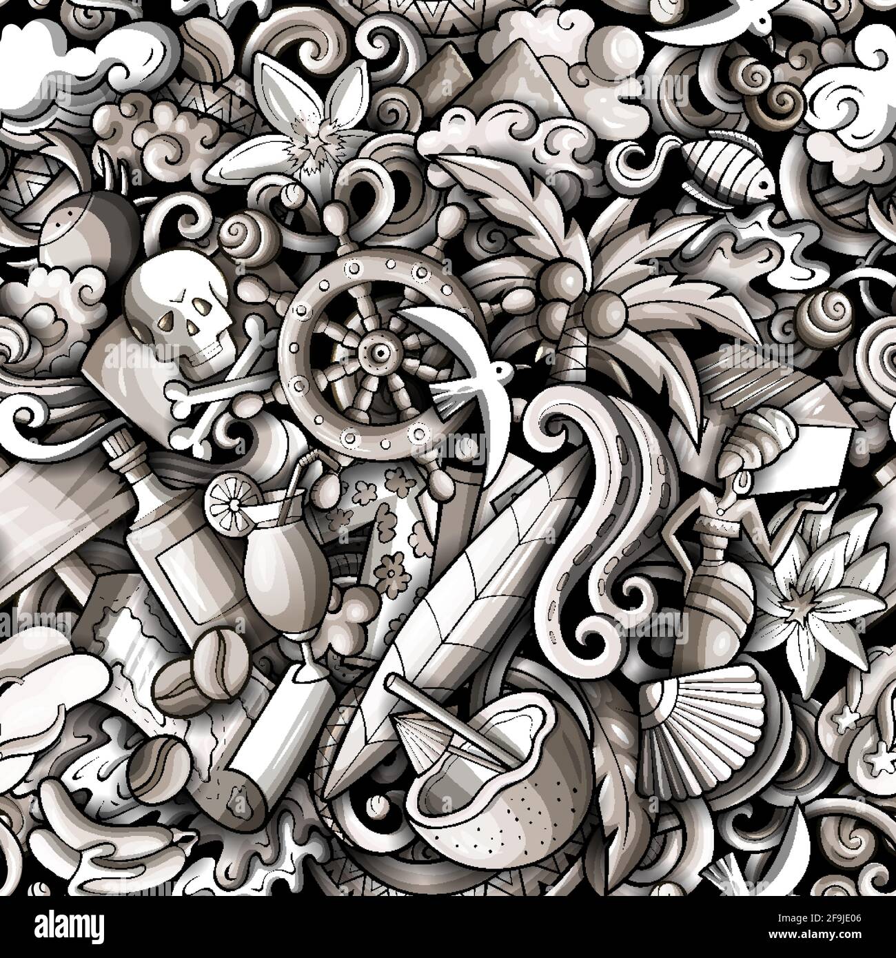 Cartoon doodles Haiti seamless pattern. Backdrop with Haitian culture ...