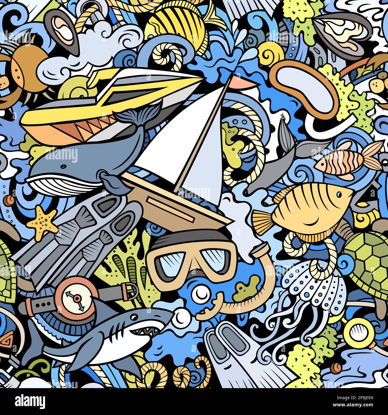 Cartoon doodles Diving seamless pattern. Backdrop with snorkeling ...