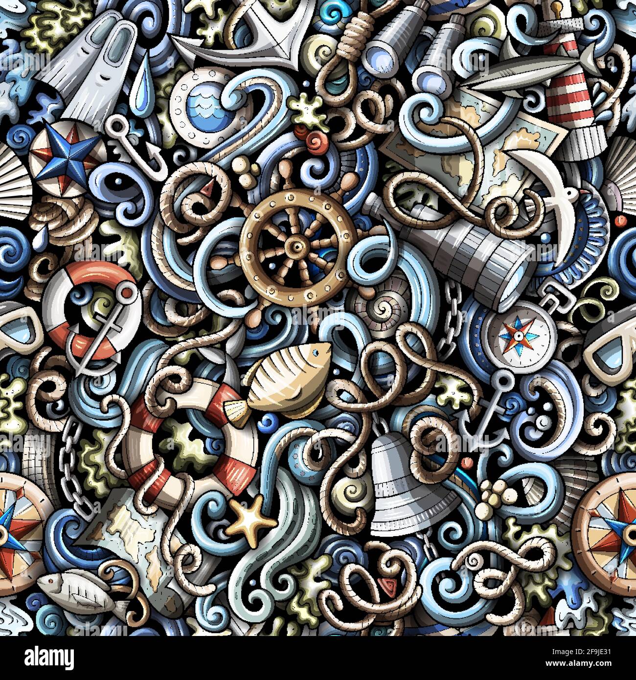 Cartoon doodles Nautical seamless pattern. Backdrop with maritime ...