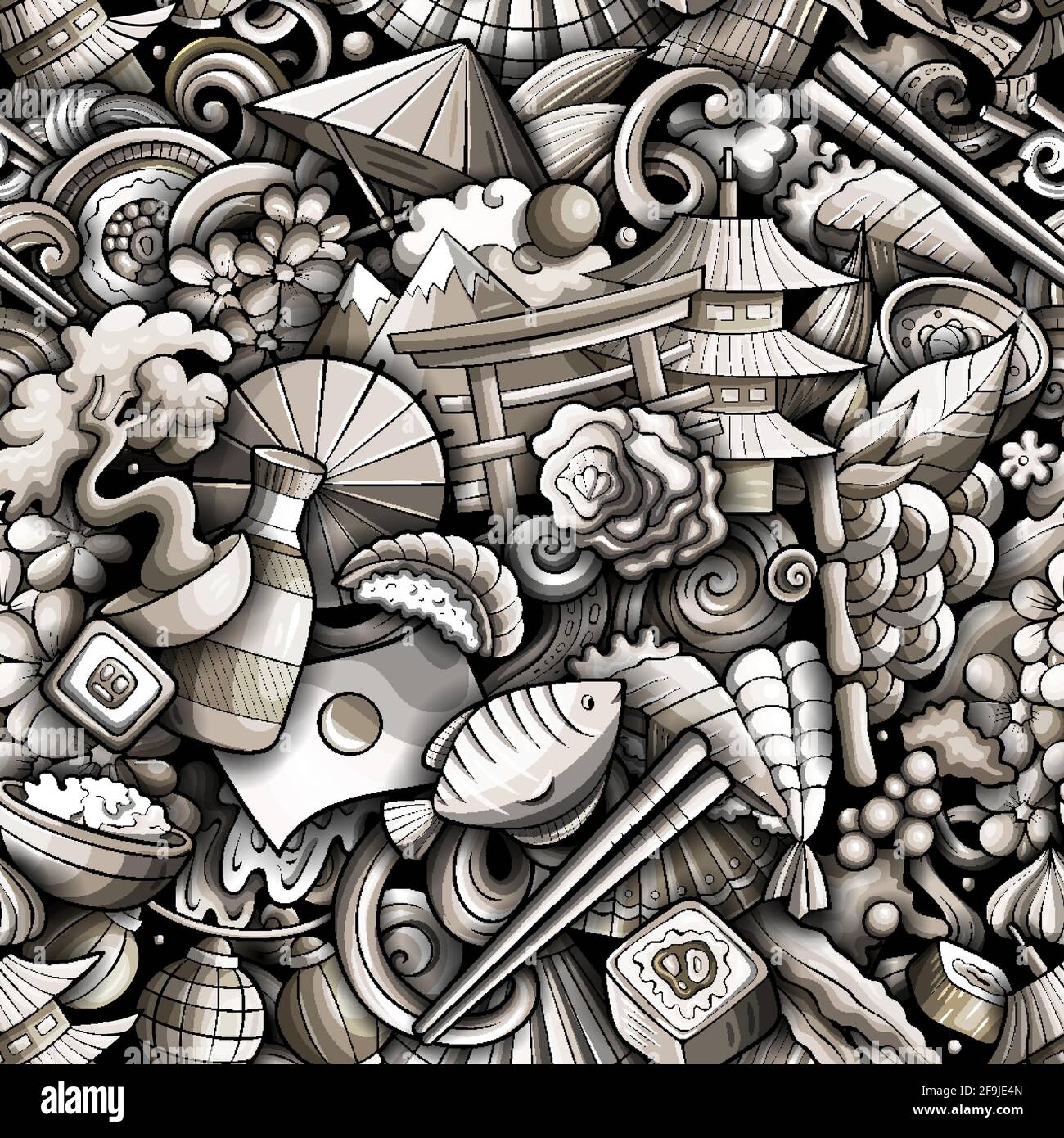 Cartoon doodles Japan seamless pattern. Backdrop with Japanese culture ...