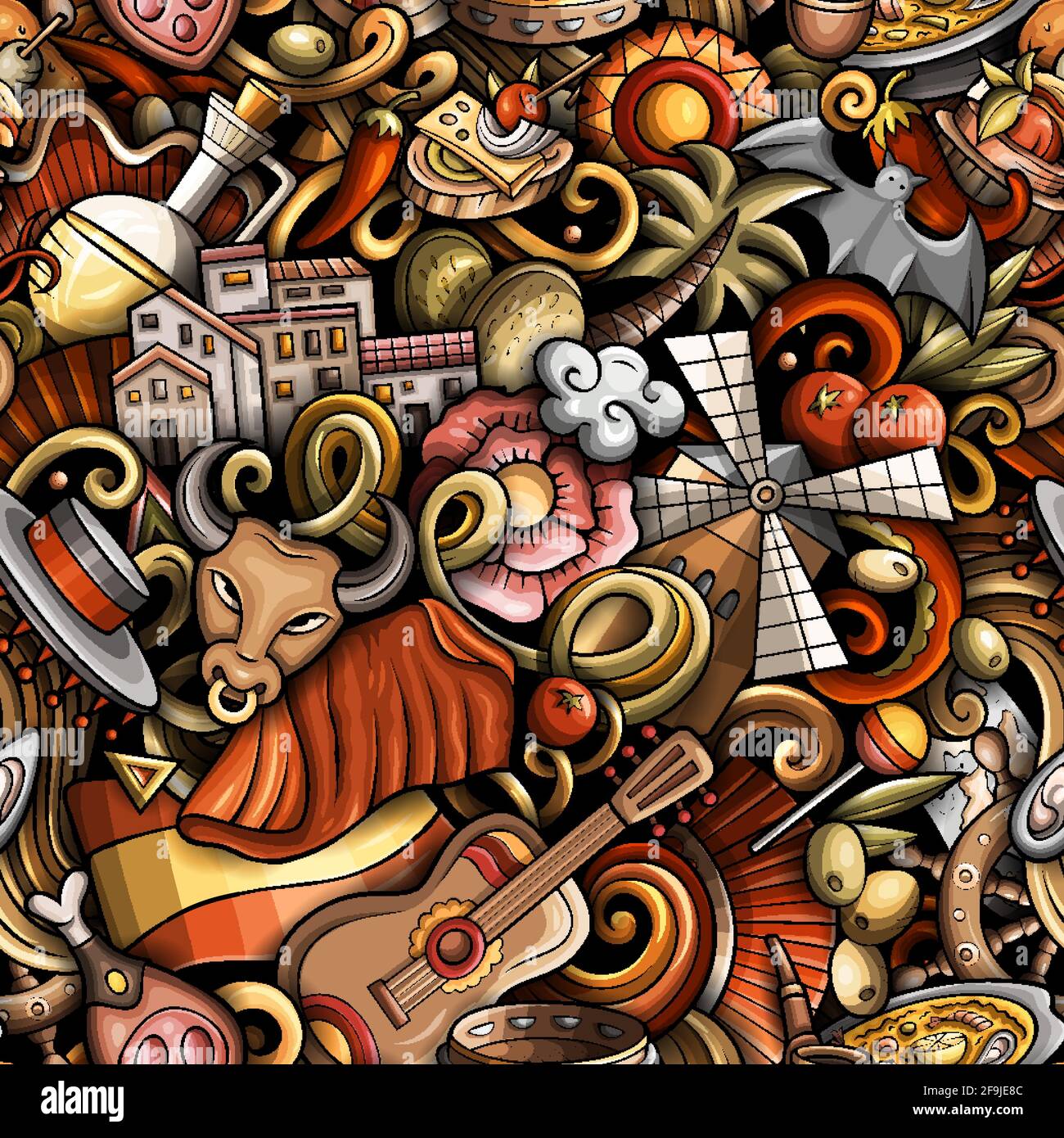 Cartoon doodles Spain seamless pattern. Backdrop with Spanish culture ...