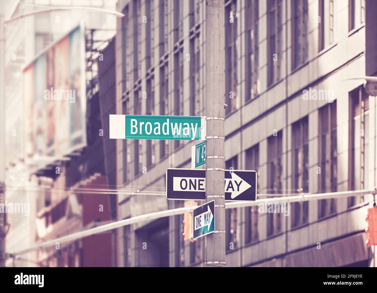 Broadway and One Way road signs at the Times Square, color toning ...