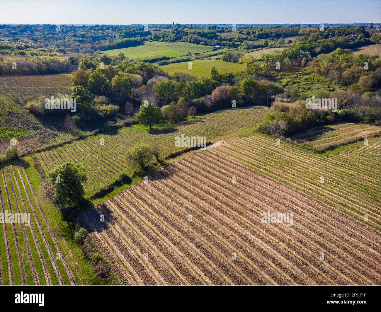 Beautiful aerial landscape of the French countryside and its vineyards ...