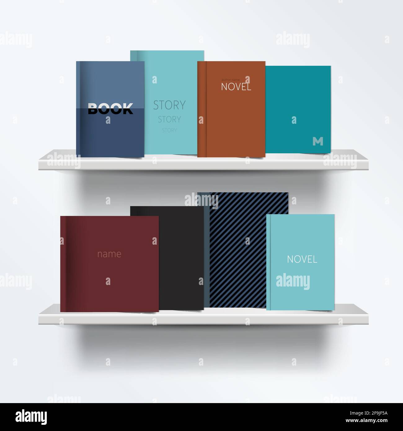 Bookshelf. Front view of books cover standing on grey background with ...