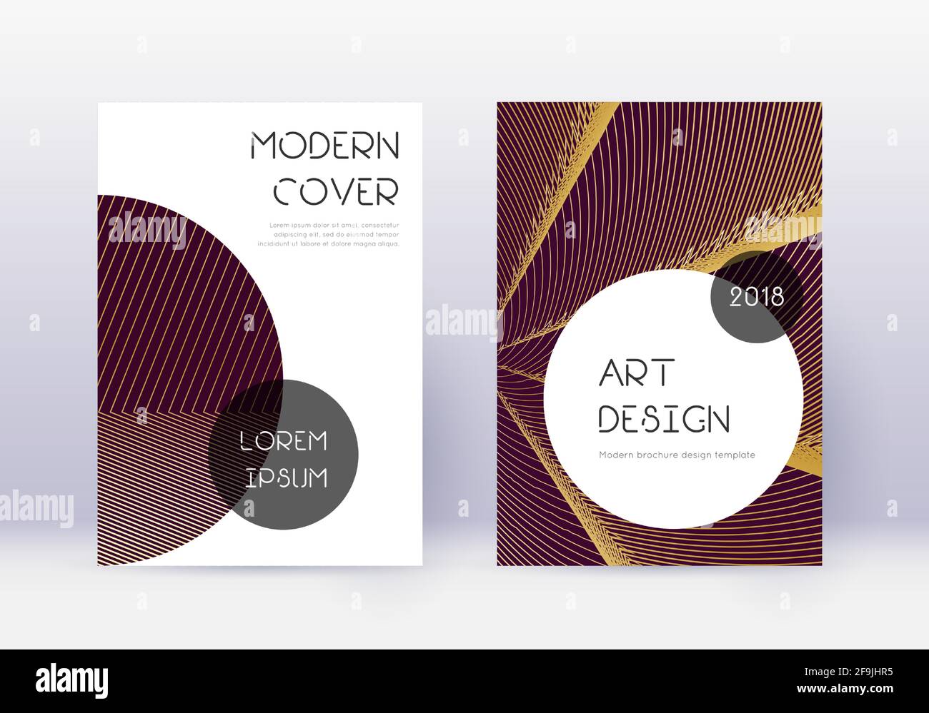 Trendy cover design template set. Gold abstract lines on maroon ...