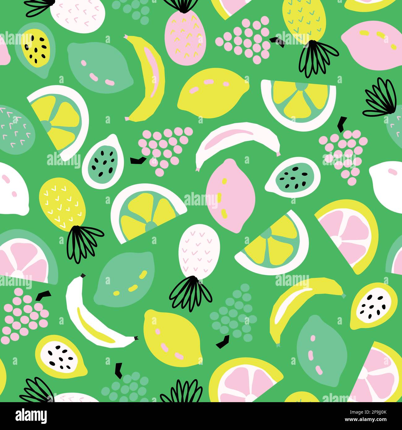 Tropical summer fruit seamless vector pattern green yellow pink ...