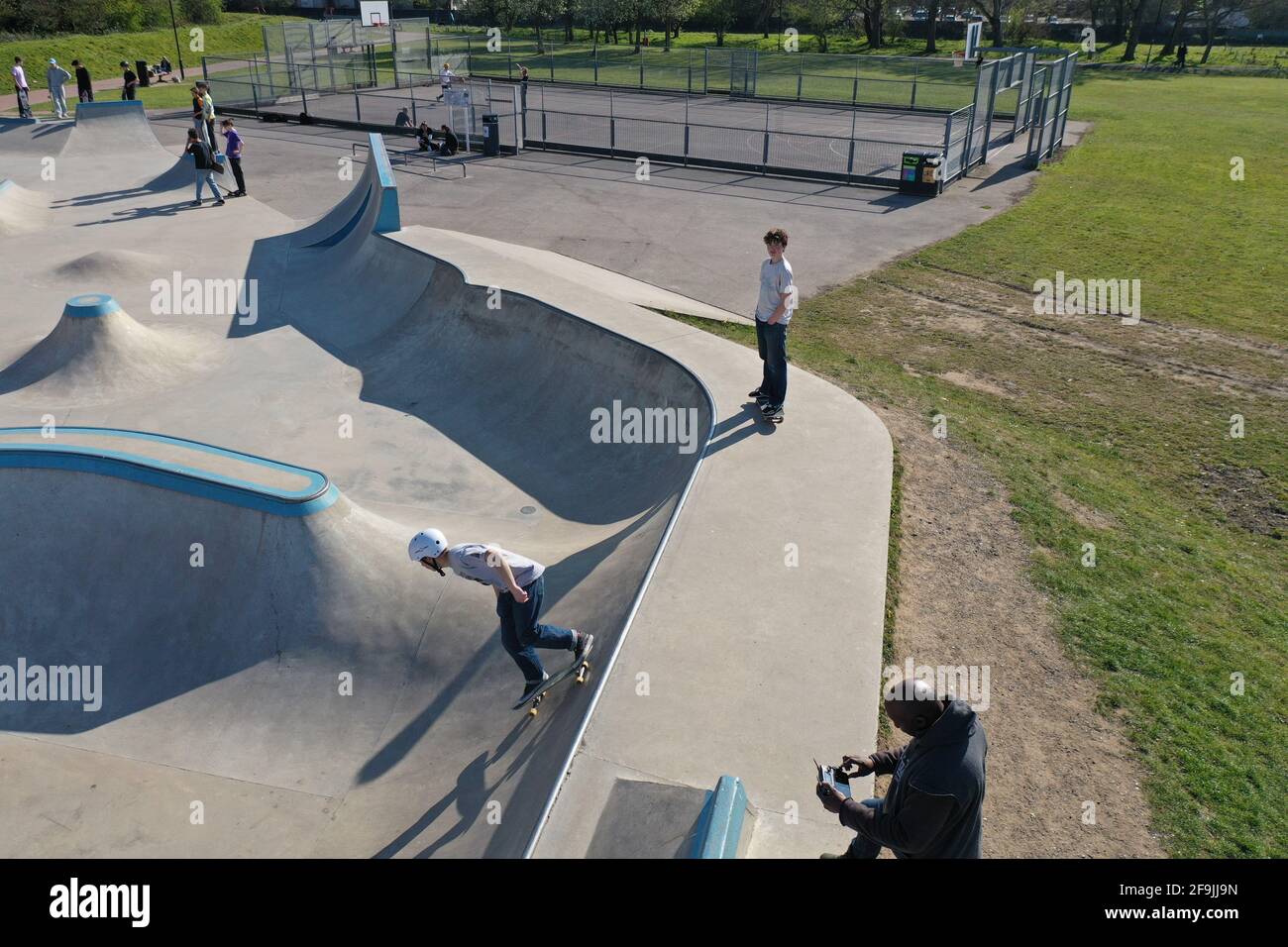 Aerial view of community skate park and basketball court Stock Photo ...