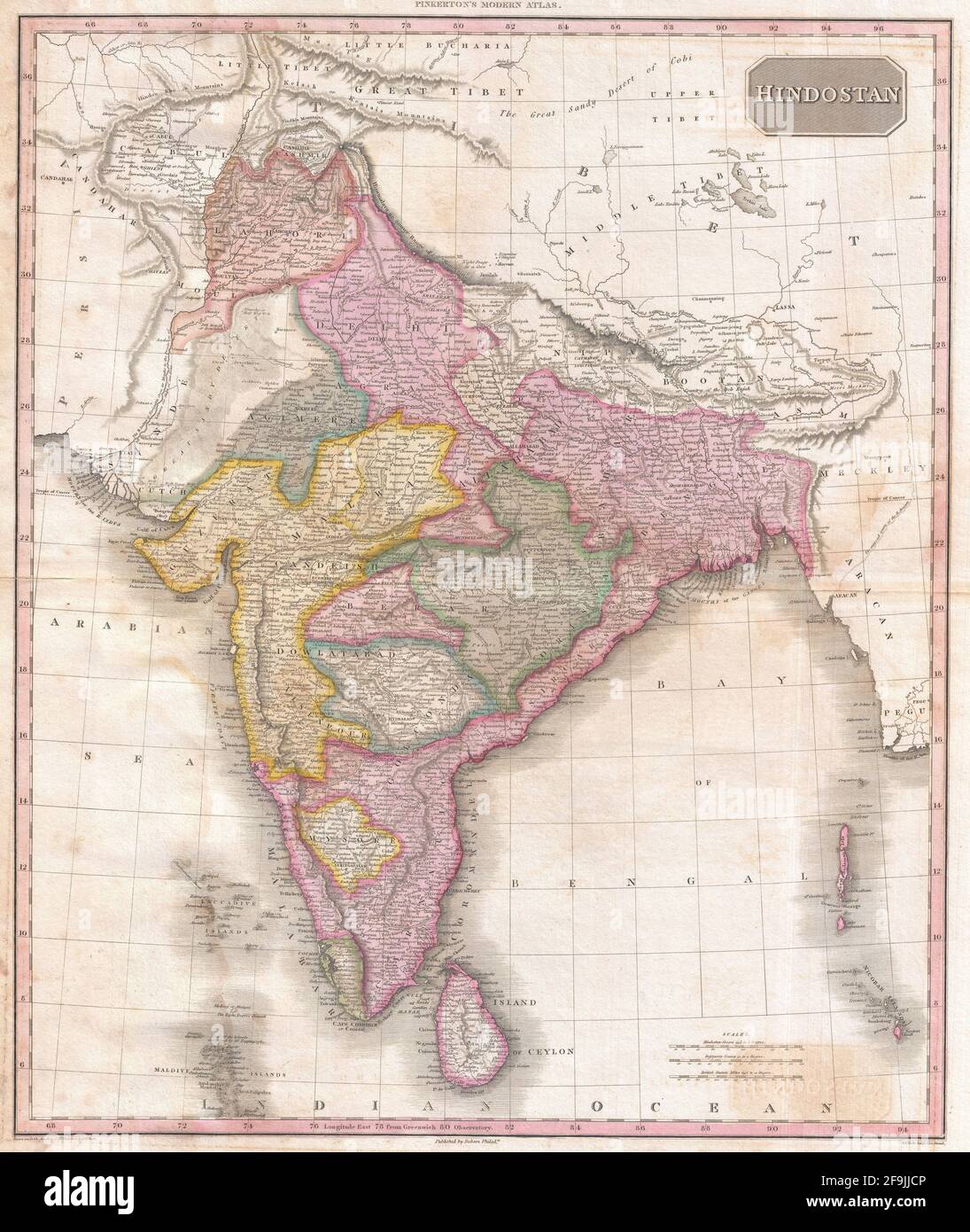 Beautiful vintage hand drawn Pinkerton's map of India from 1818 with ...
