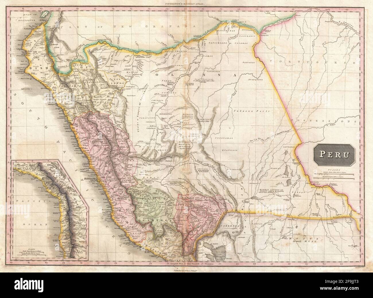 Beautiful vintage hand drawn Pinkerton's map of Peru from 1818 with ...