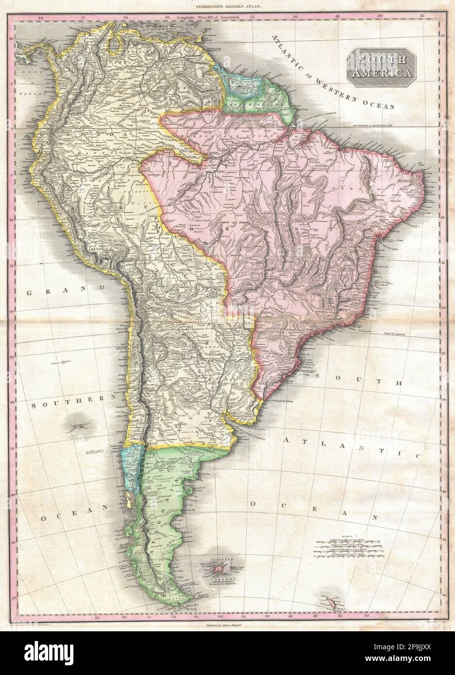 Beautiful vintage hand drawn Pinkerton's map of South America from 1818 ...