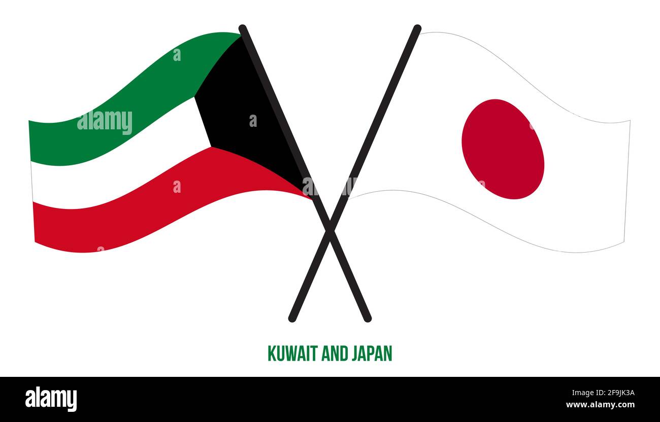 Kuwait and Japan Flags Crossed And Waving Flat Style. Official ...